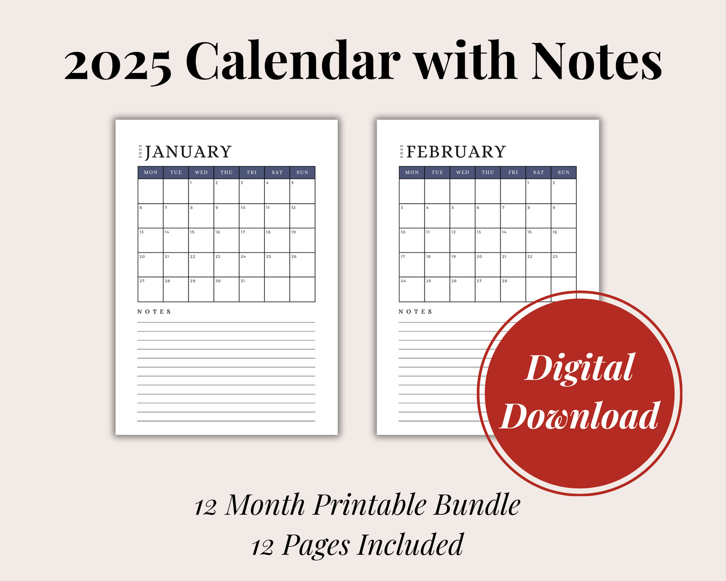 2025 Digital Printable Calendar with Notes, A4/A5 Size Digital Downloa ...