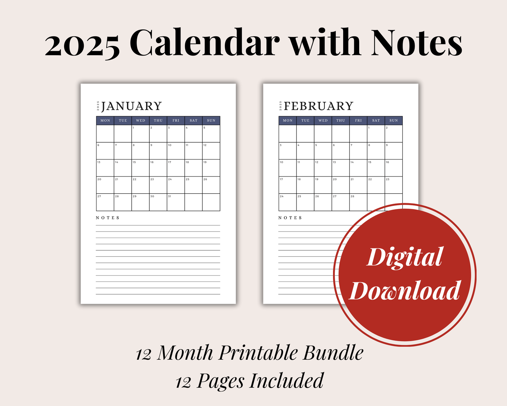 2025 Digital Printable Calendar with Notes, A4/A5 Size Digital Downloa ...